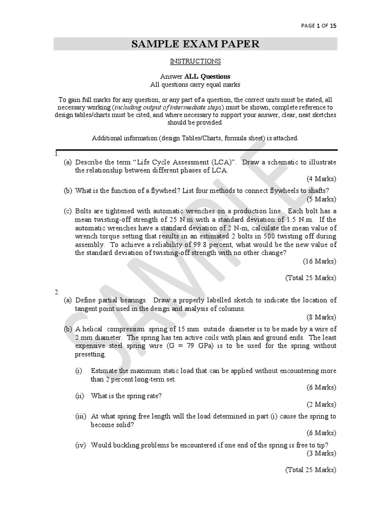 ENGE401 - Sample Final Exam | PDF | Strength Of Materials | Engineering Tolerance