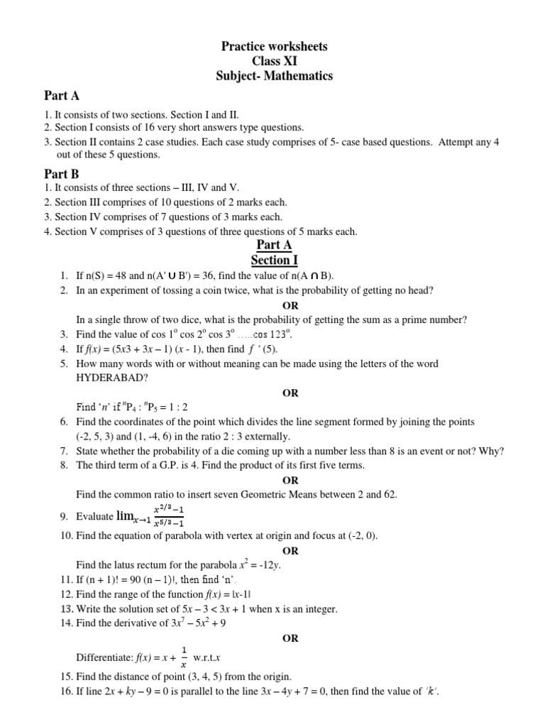 Class XI Math Practice Worksheets | PDF