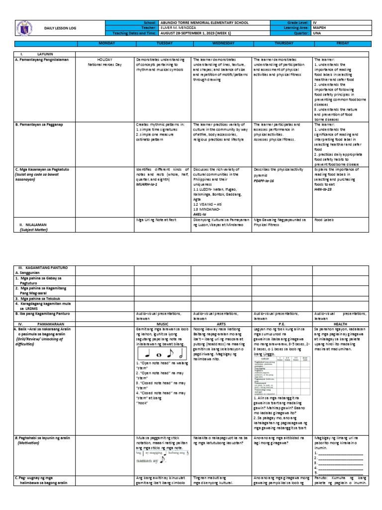 DLL Mapeh-4 Q1 W1 | PDF