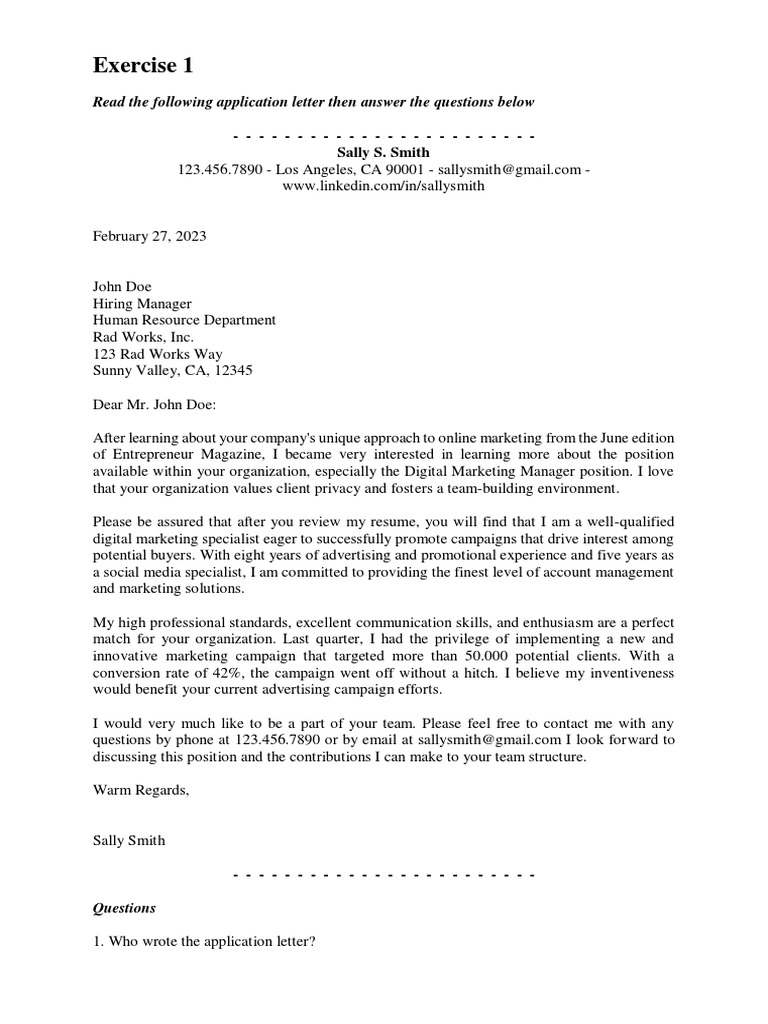 Application Letter Exercises | PDF | Career & Growth