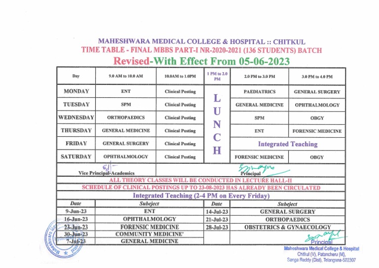 Revised-3rd MBBS-NR-5th Sem Theory Time Table-05!06!2023 | PDF