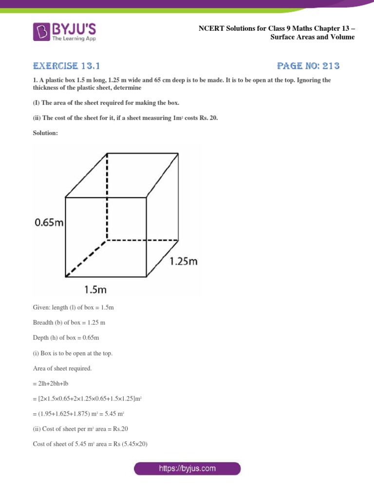 NCERT Solutions For Class 9 Maths Chapter 13 Surface Areas and Volume ...