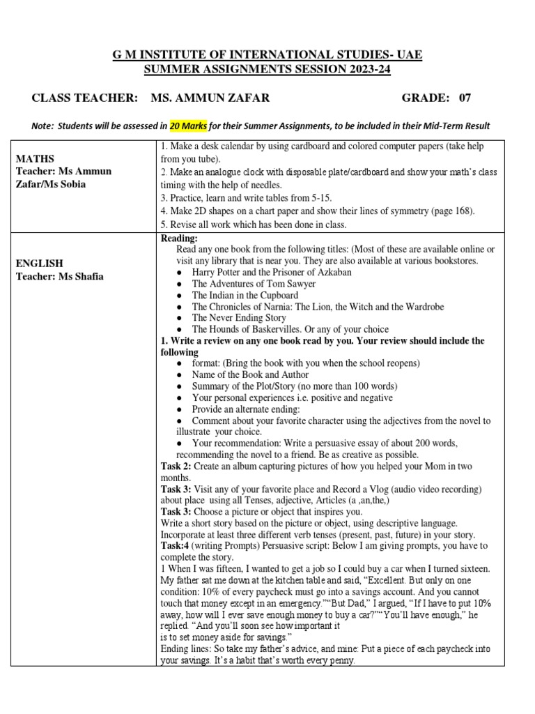 Grade 7 SUMMER ASSIGNMENTS | PDF | Books