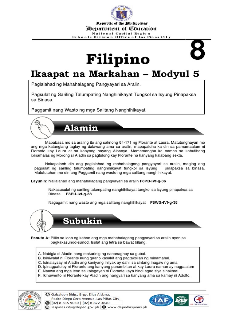 4th Quarter ADM Module 5 8 Filipino 8 SY 2021 2022 Final | PDF