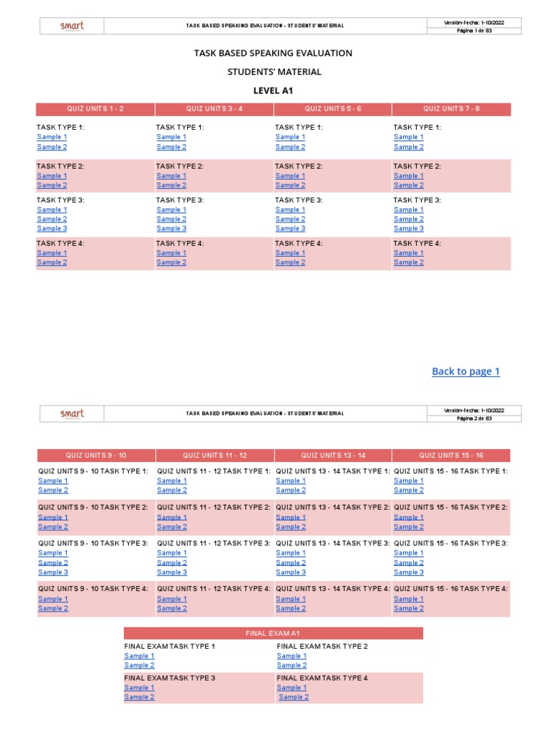 A1 Students' Material - Task Based Oral Evaluation A1 | PDF