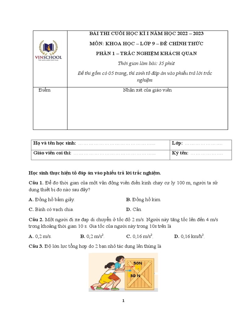 KHTN 9 - Vinschool - Dethi-Dapan - Trư NG PTLC Vinschool HCM | PDF