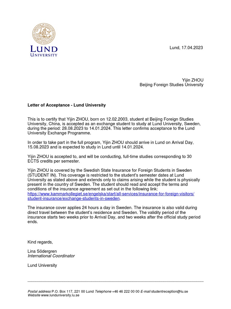 Lund University Acceptance Letter | PDF