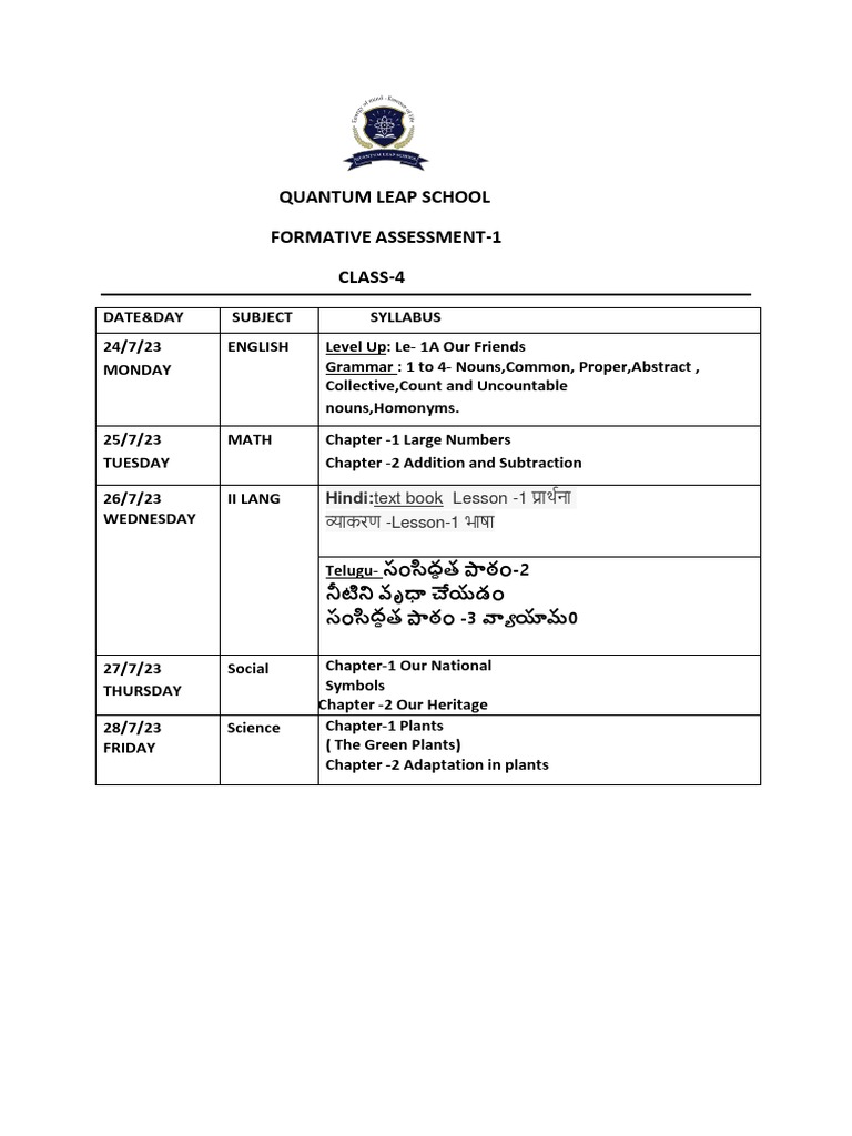 Class - 4 Formative Assessment-1 | PDF