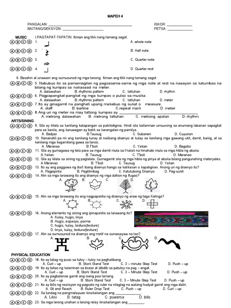 Tqs Filipino 4 & Mapeh 4 S.y2022-2023 Grade 4 q1 | PDF