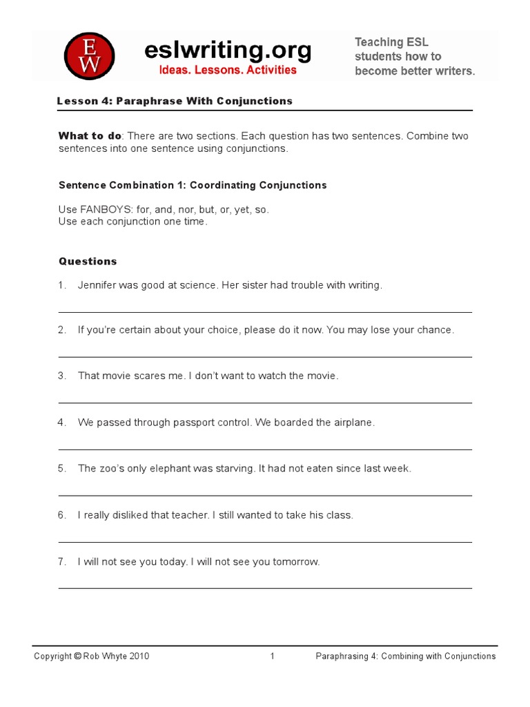 Paraphrase Combine Sentences Conjunctions | PDF | Language Arts & Discipline