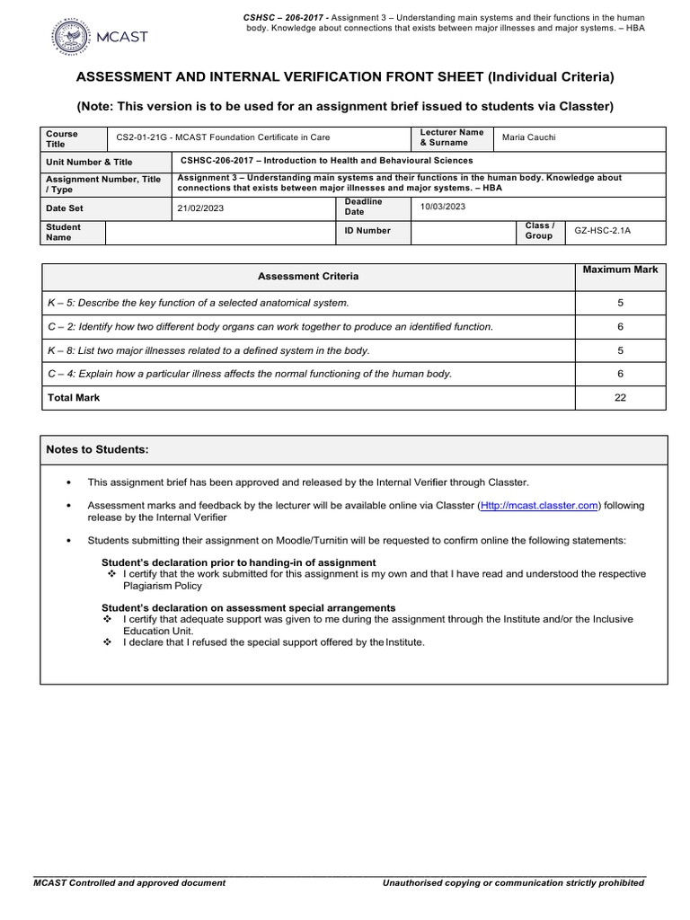 Assessment and Front Sheet - Assignment 3 HBA | PDF | Human Body ...