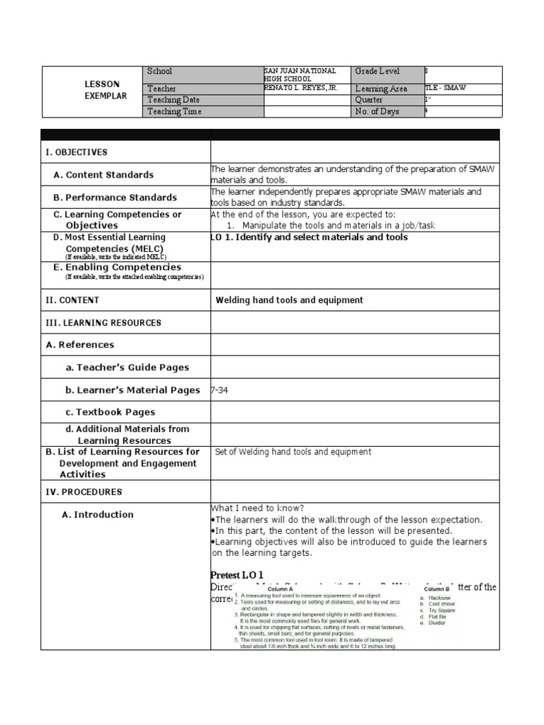 01 Week TLE 8 - SMAW Lesson Exemplar | PDF