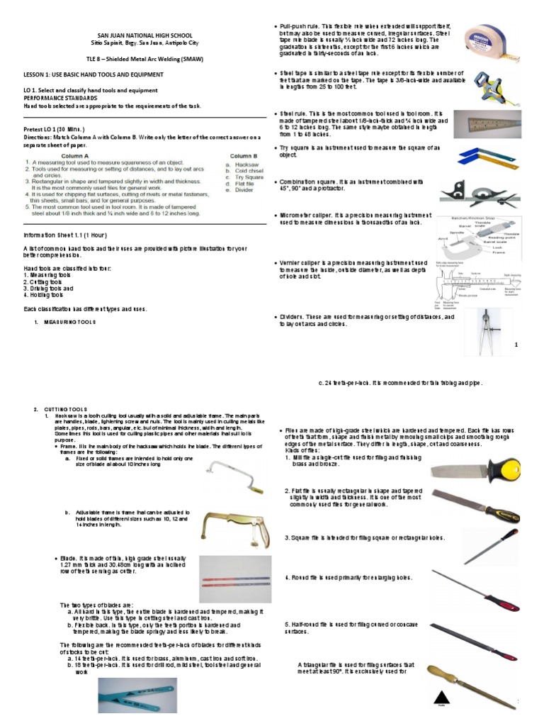 Cutting Tools in SMAW for Grade 8 TLE | PDF | Screw | Blade