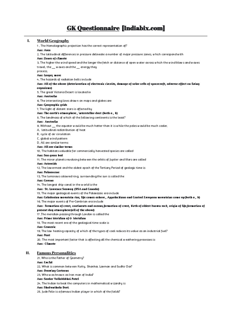 Class XI GK Term-1 Questions - Indiabix - Com (PRINT VERSION) | PDF ...