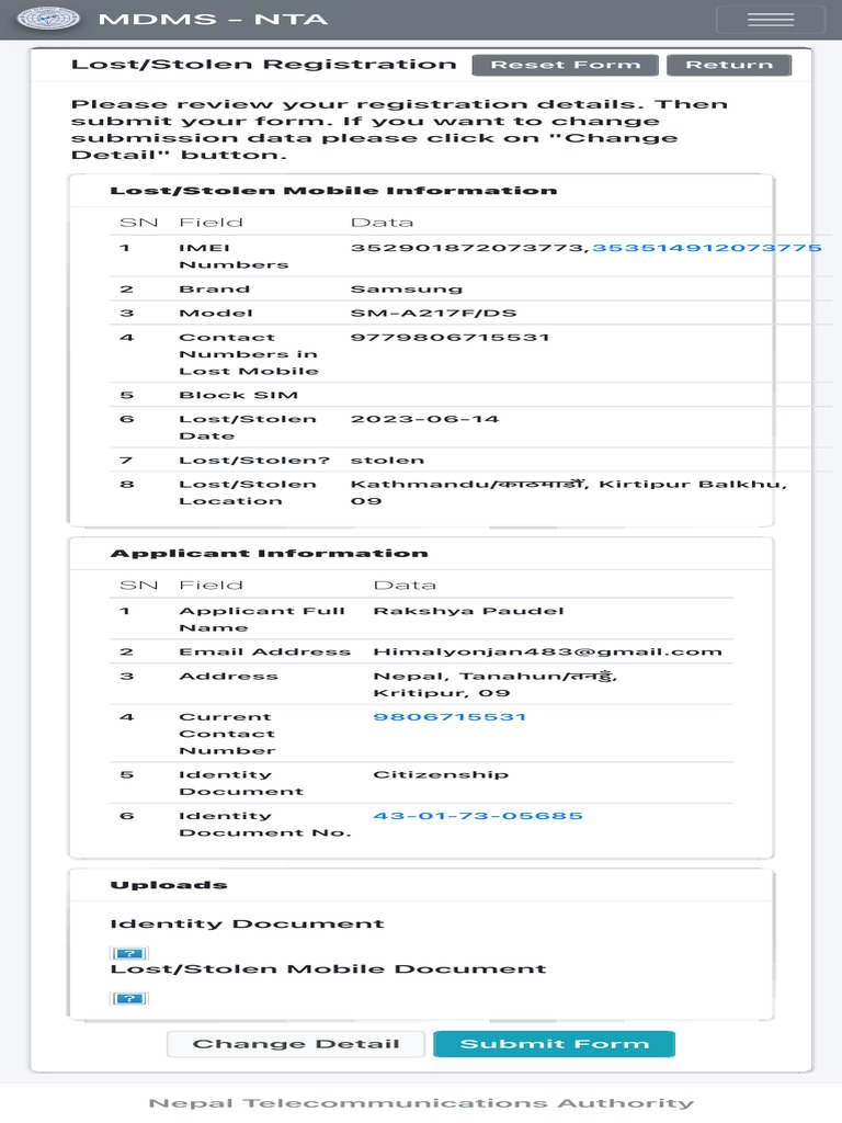 LostStolen Registration - Nepal Telecommunications Authority | PDF
