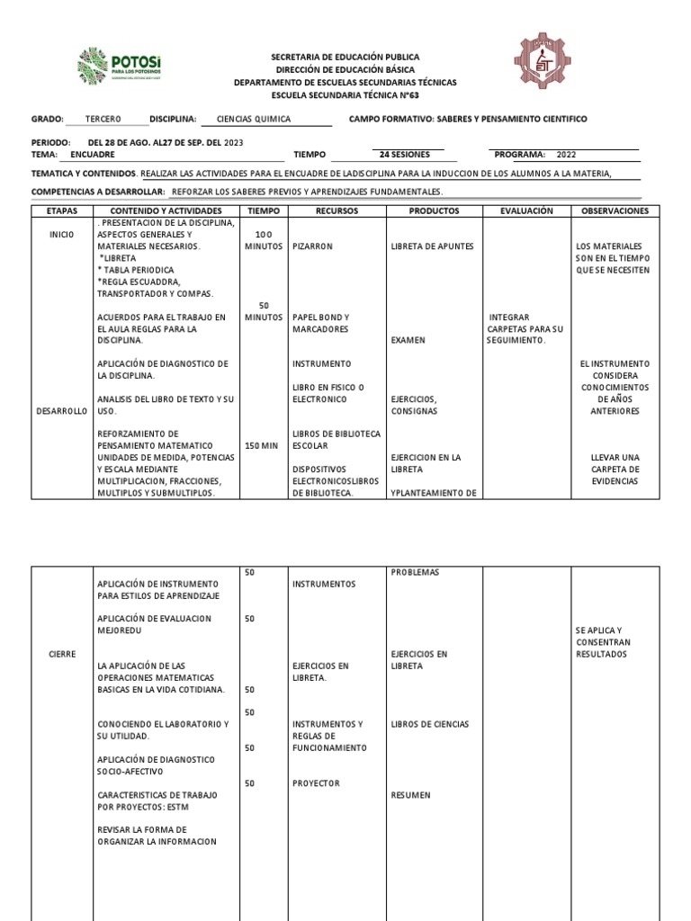 Plan de Encuadre en Ciencias Química | PDF | Evaluación | Science