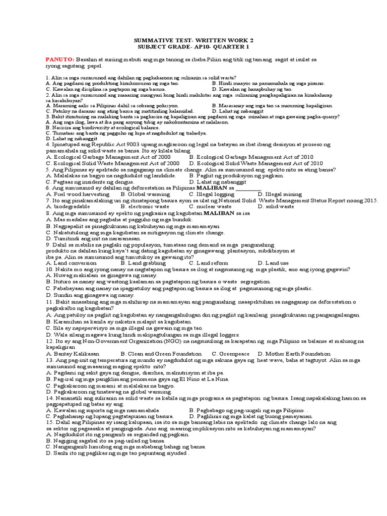 Grade 10 Summative Test | PDF