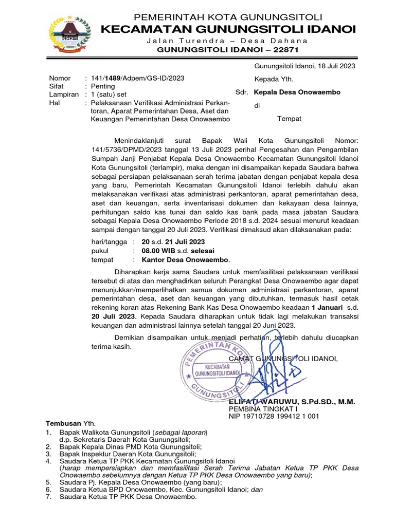 Surat Pemberitahuan Verifikasi Pemerintah Desa Onowaembo 2023 | PDF