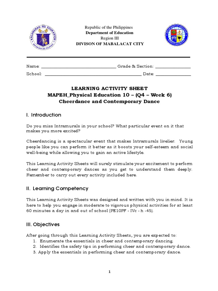 MAPEH - PE 10 - Q4 - W6 - Cheerdance and Contemporary Dance | PDF | Dances | Cheerleading