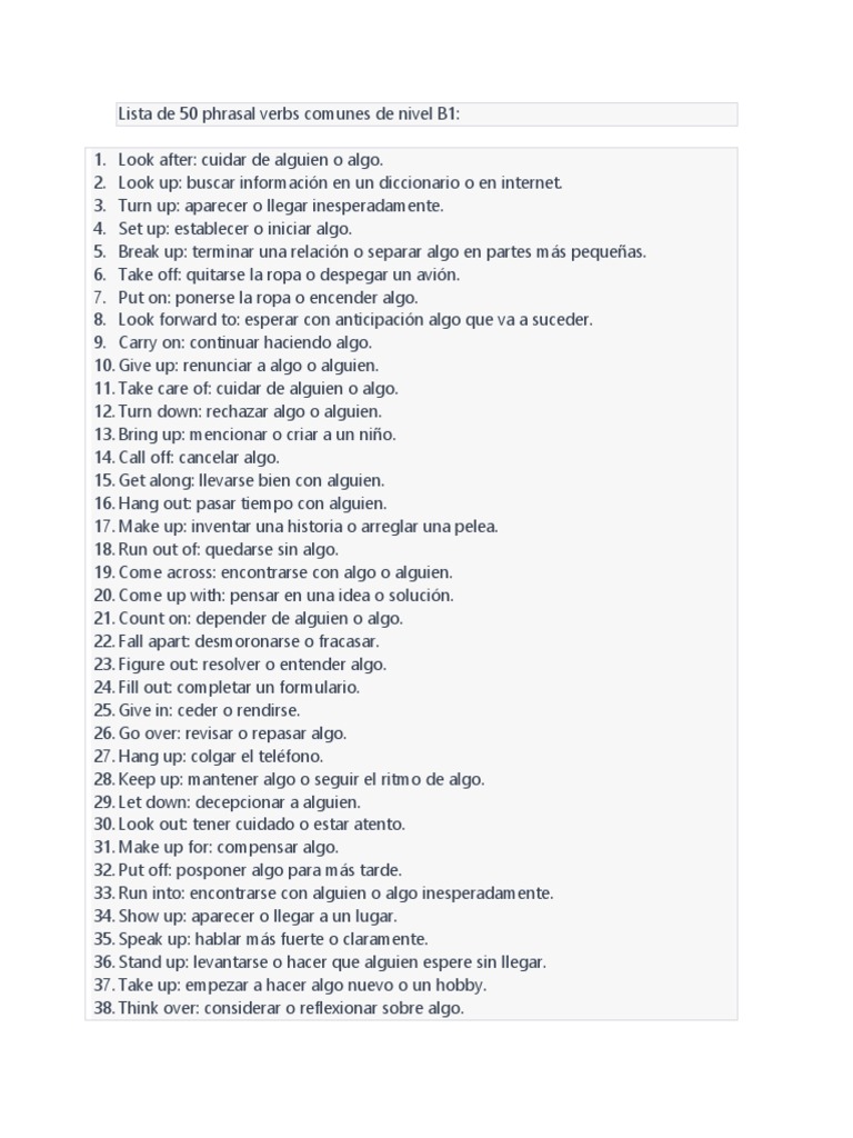 Lista de 50 Phrasal Verbs Comunes de Nivel B1 | PDF