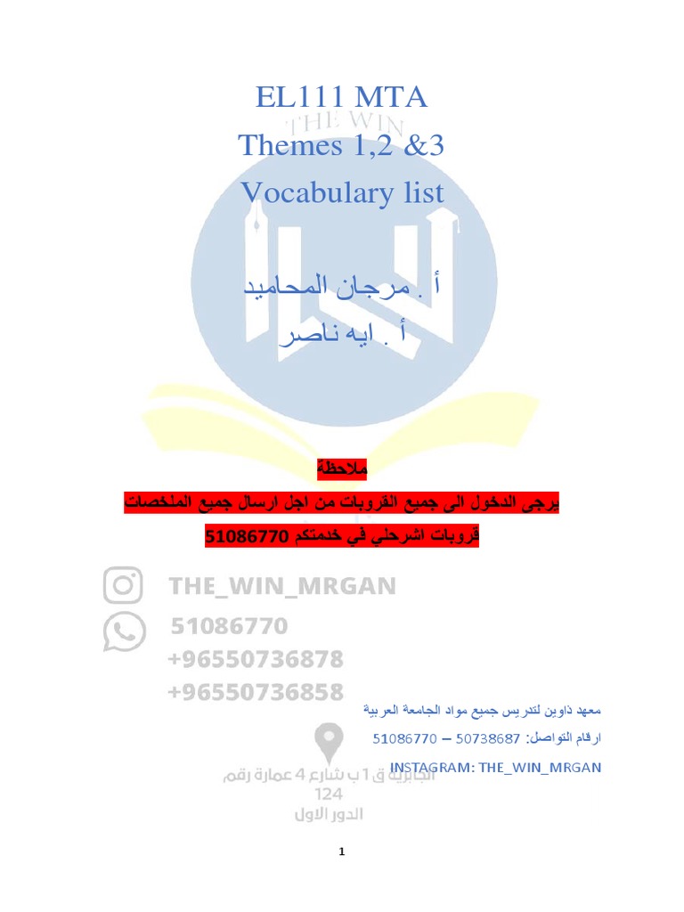 EL111 MTA Vocabulary List | PDF
