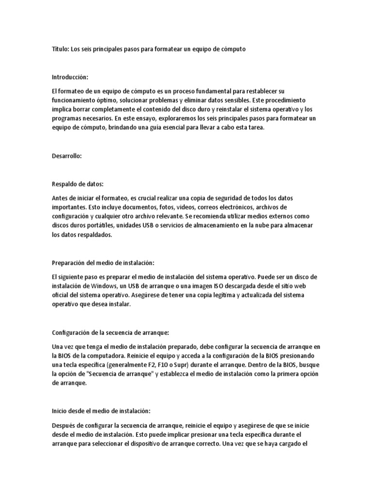 Ensayo - 6 Principales Pasos Al Momento de Formatear Un Equipo | PDF | Arranque | Bios
