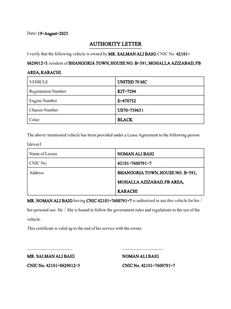 Authority Letter Salman Ali Baig and Noman Ali Baig For MC 70 | PDF