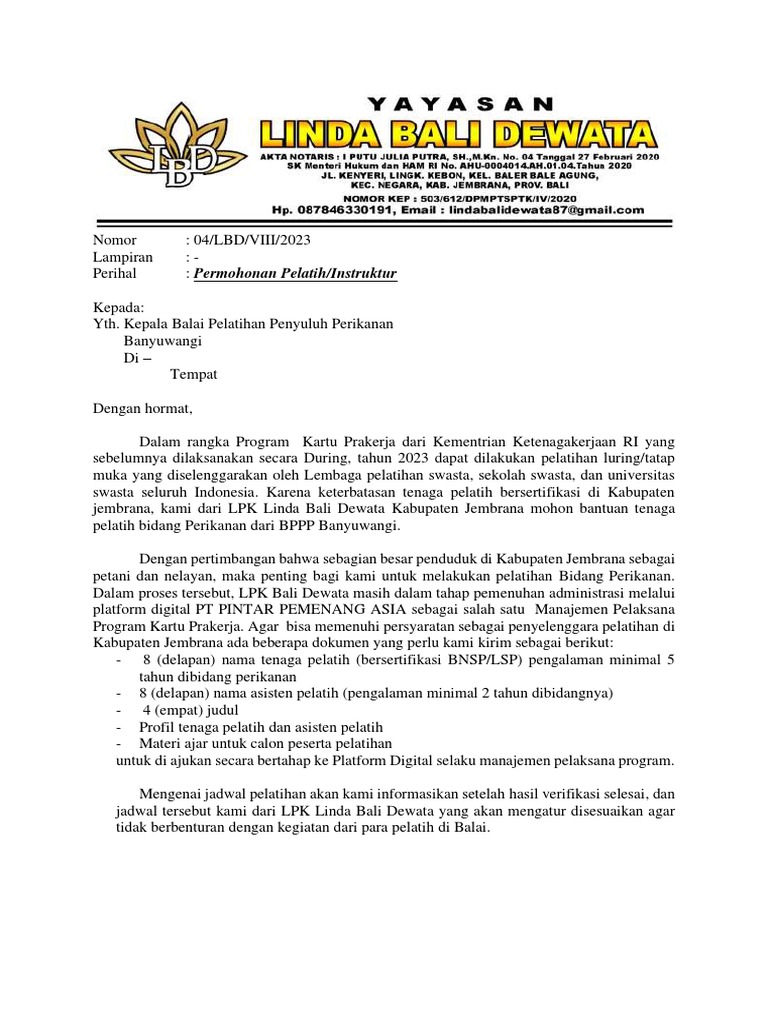 Surat Permohonan Tenaga Pelatih | PDF