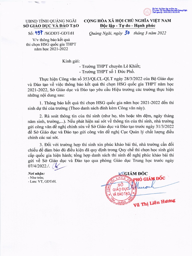 497 Thong Bao Ket Qua Thi Chon Hoc Sinh Gioi Quoc Gia THPT Nam Hoc 2021 2022 | PDF