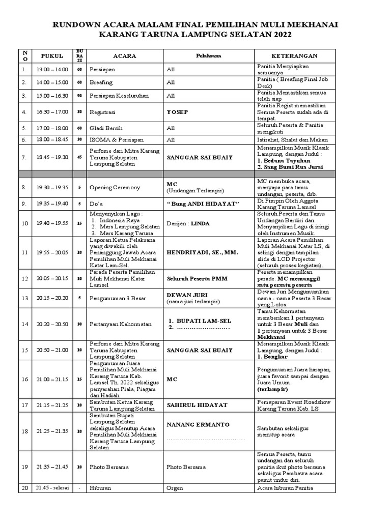Rundown Acara Malam Final Pemilihan Muli Mekhanai Fix | PDF