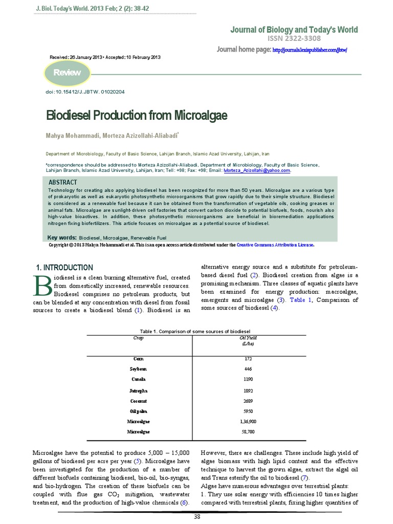 Biodiesel Production From Microalgae | PDF | Algae Fuel | Biodiesel
