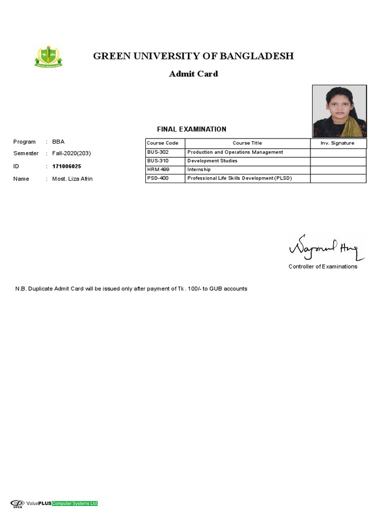 GUB Final Exam Admit Card Fall 2020 | PDF