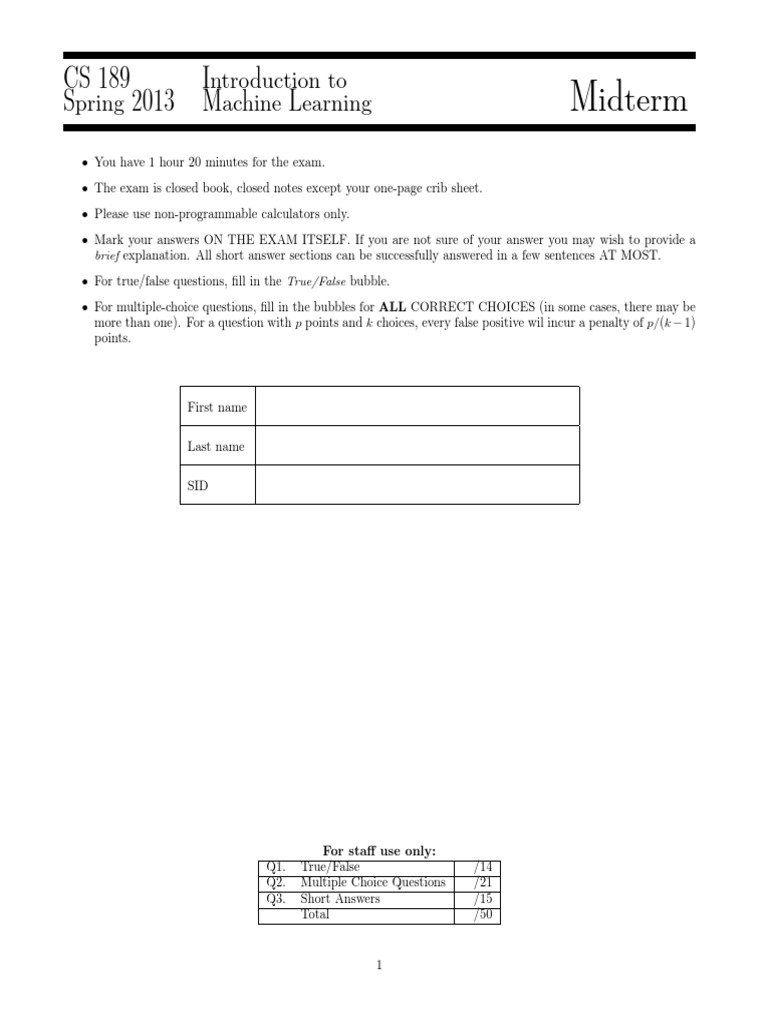 Machine Learning Midterm Exam | PDF | Support Vector Machine | Logistic Regression