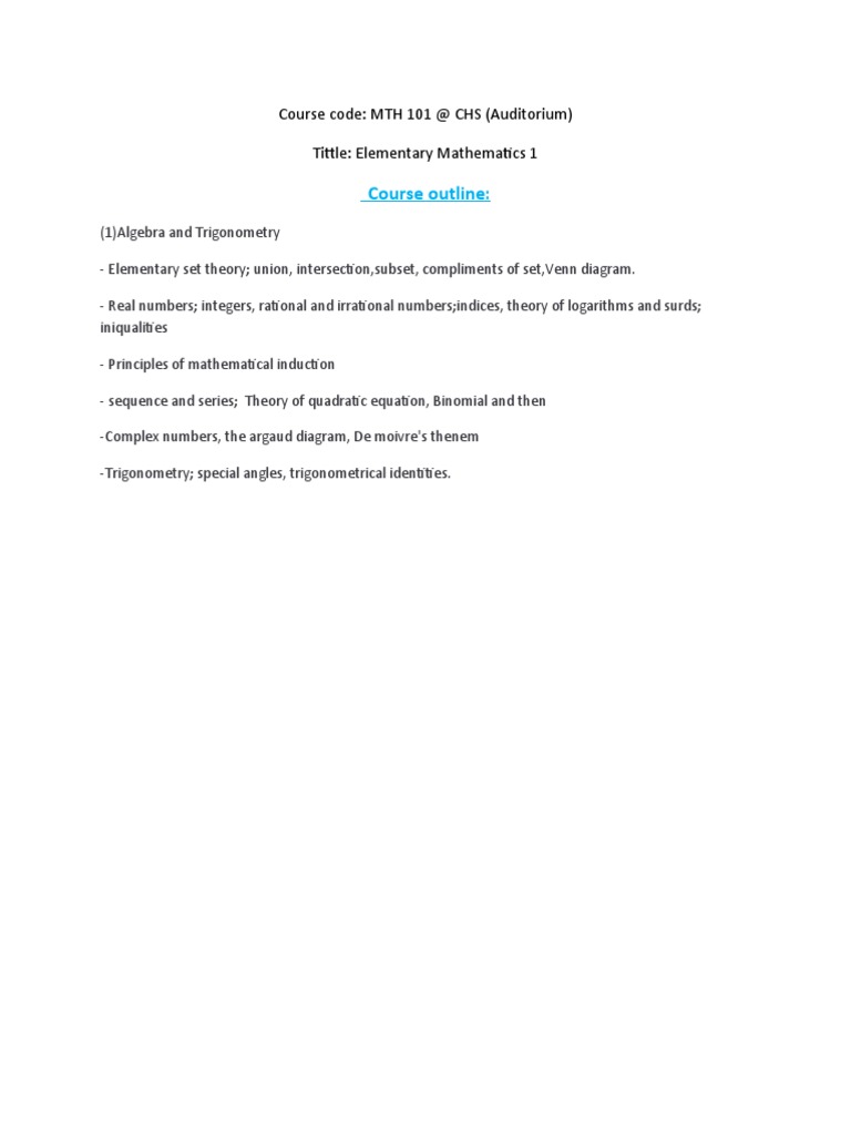 MTH 101 Course Outline | PDF | Teaching Methods & Materials