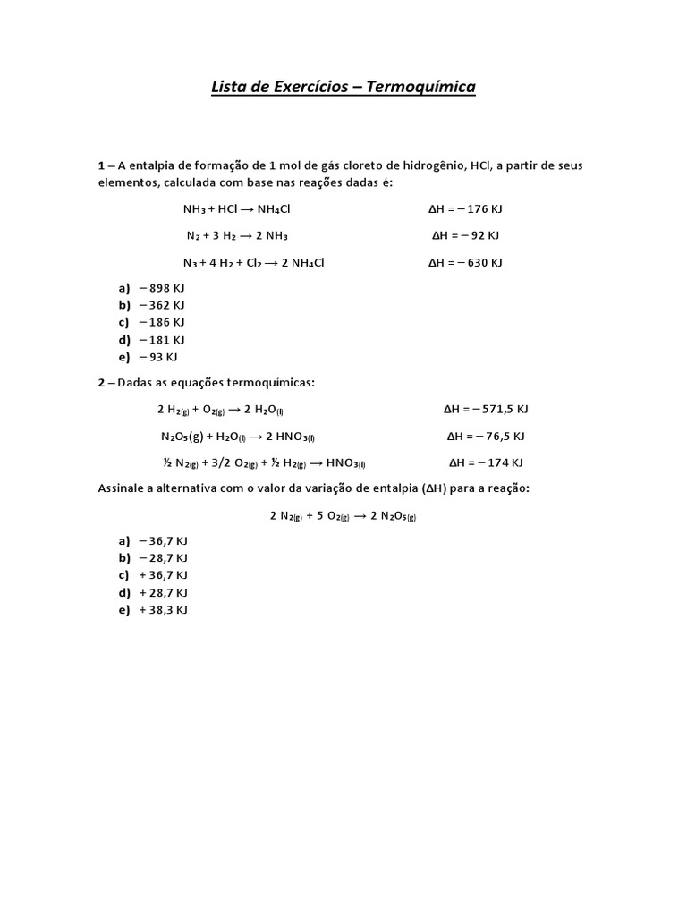 Lista de Exercícios - Termoquímica - Iniciante | PDF