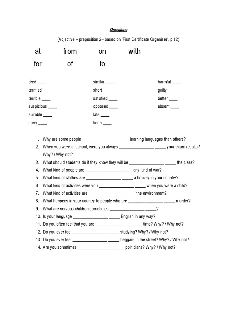 Adjective Prepositions Practice Questions | PDF | Self-Improvement ...