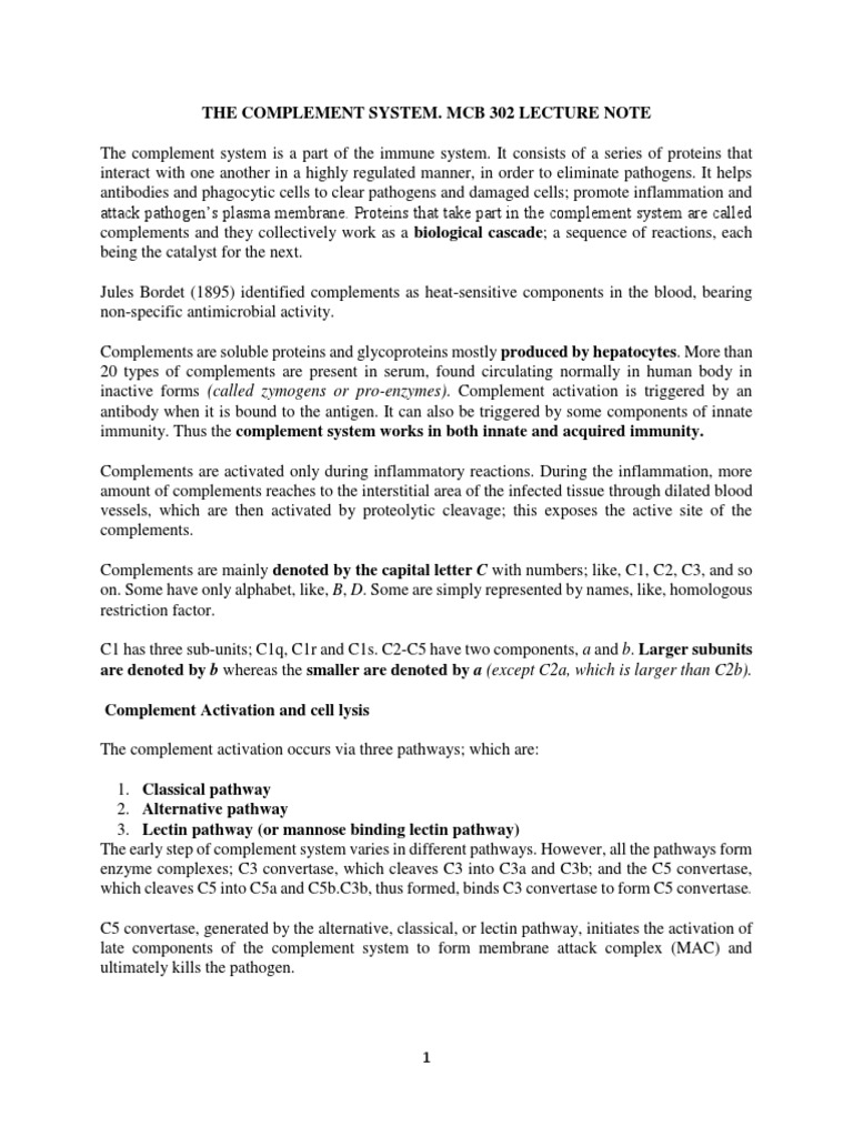 COMPLEMENT SYSTEM Note | PDF | Complement System | Immune System