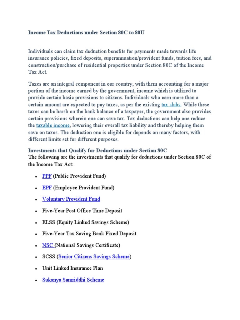 Income Tax Deductions Under Section 80C To 80U | PDF | Tax Deduction | Taxes