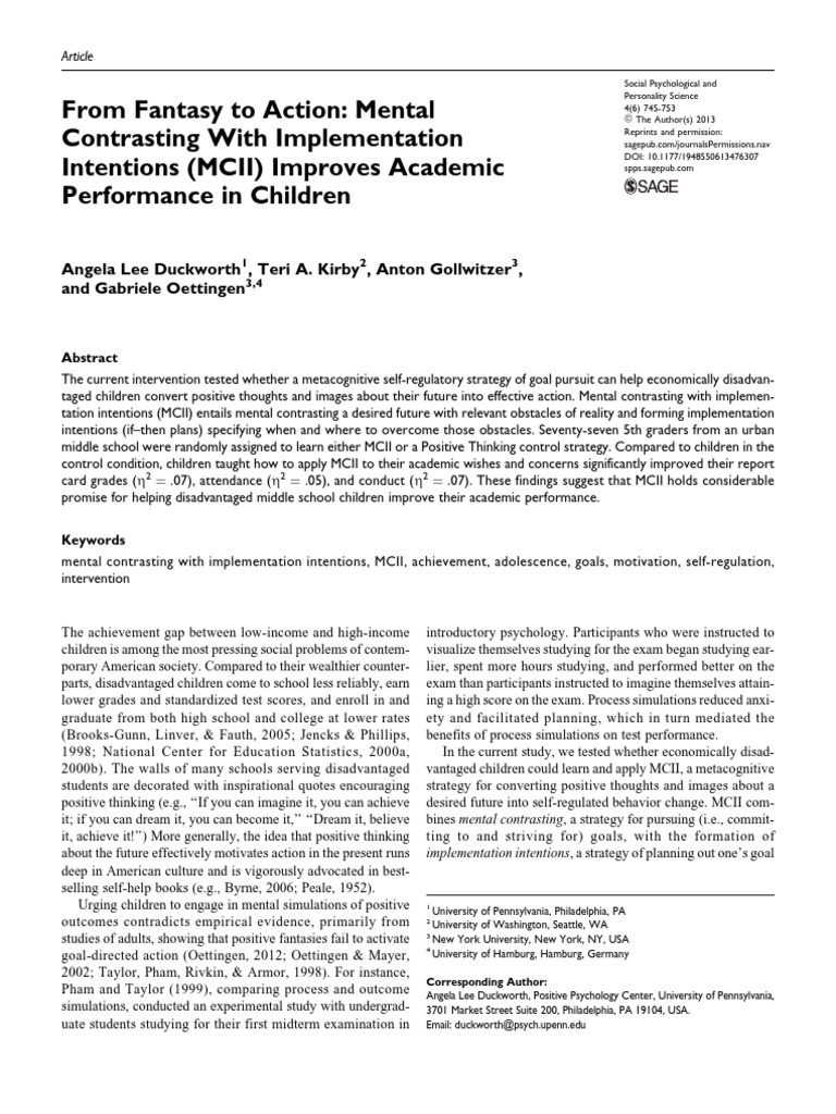 From Fantasy To Action - Mental Contrasting With Implementation Intentions (MCII) Improves ...