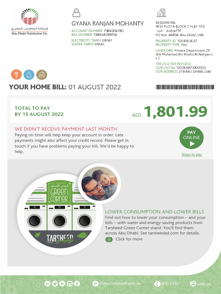 Water & Electricity Bill As of 24-08-2022 | PDF | United Arab Emirates ...