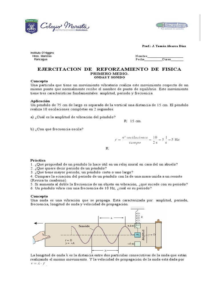 Ejercitacion de Reforzamiento de Fisica: Primero Medio. Concepto | PDF | Olas | Longitud de onda