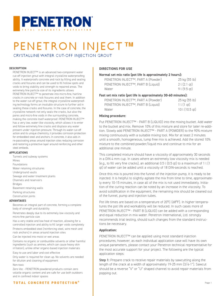 PENETRON INJECT Data Sheet | Download Free PDF | Concrete | Volatile Organic Compound