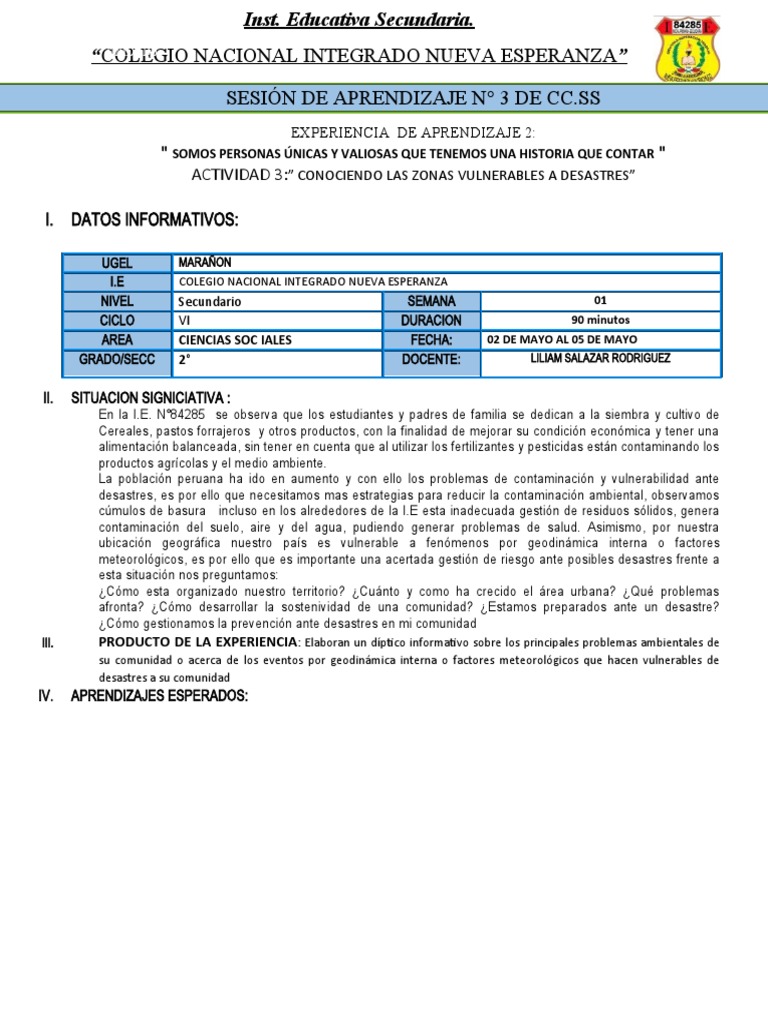Experiencia Aprendizaje 02 Sesion 03 2 GRADO | PDF | Contaminación | Aprendizaje