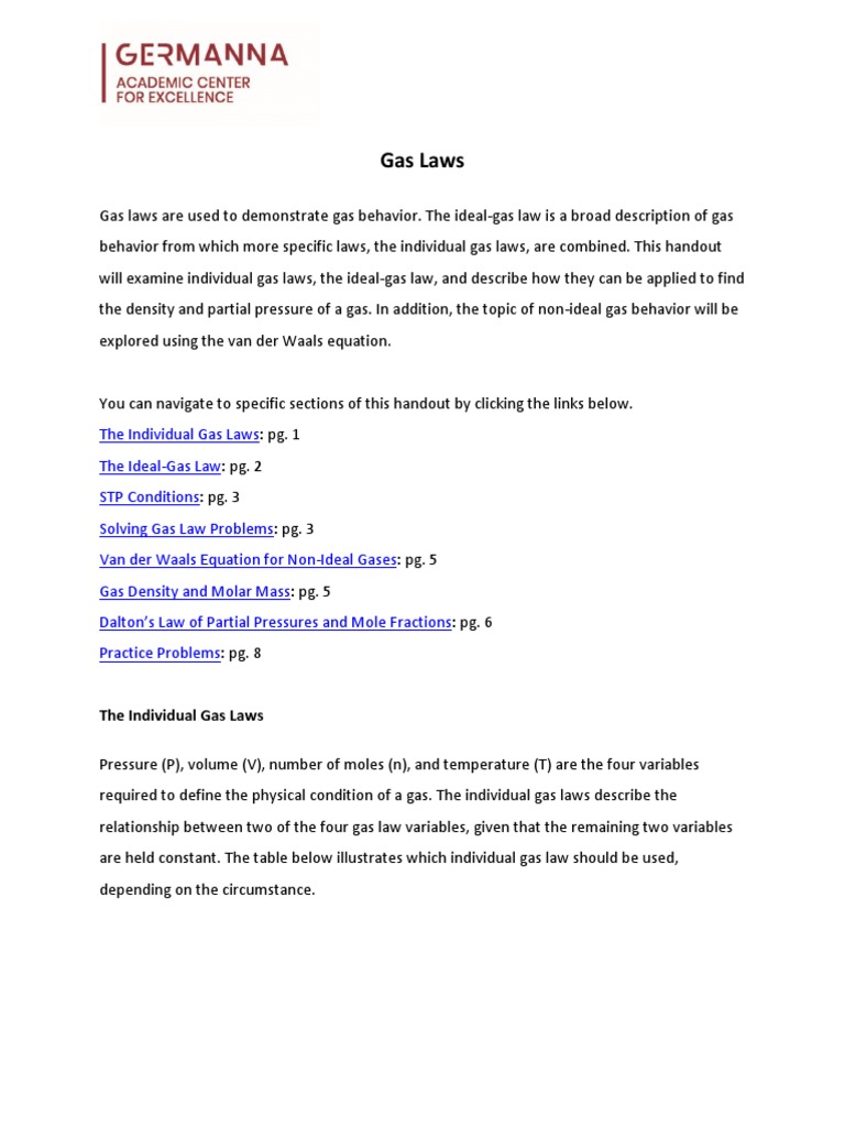 Gas Laws Handout | PDF | Gases | Mole (Unit)