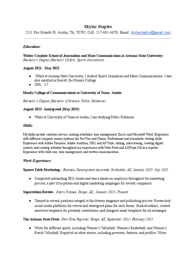 Resume Current August 2023 | Download Free PDF | Arizona State University