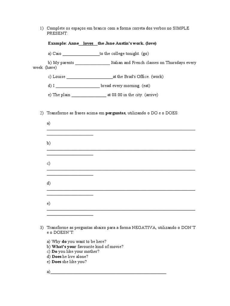 Lista de Exercícios - Simple Present | PDF