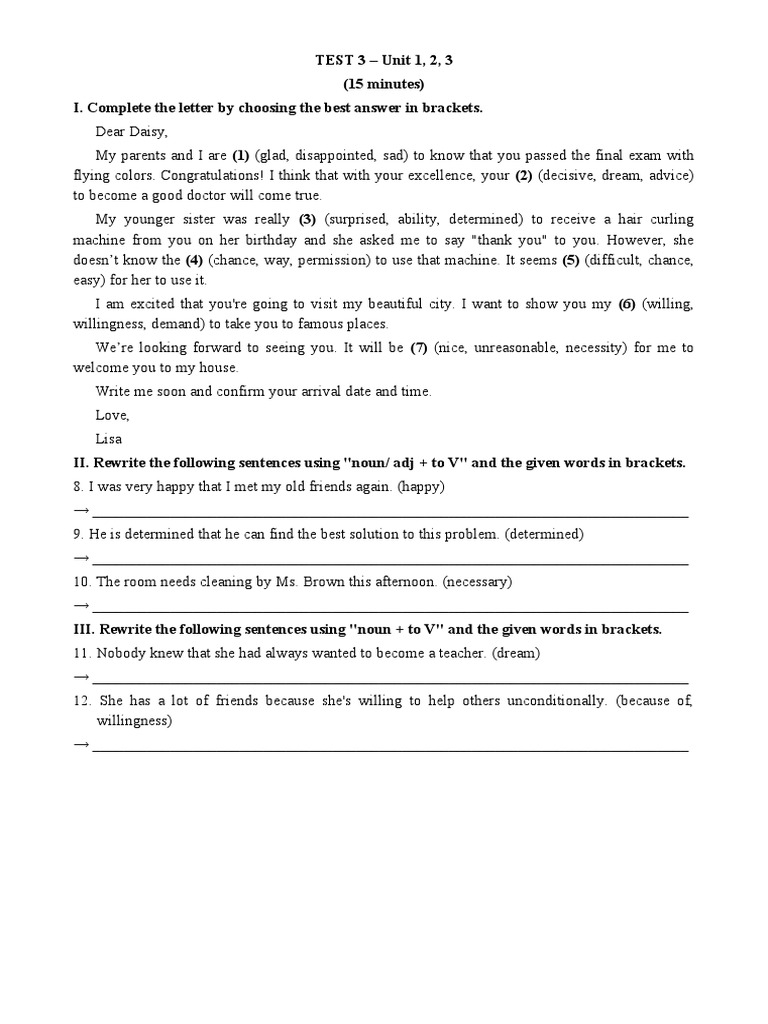 English Test: Letter Completion & Rewriting | PDF | Language Arts ...