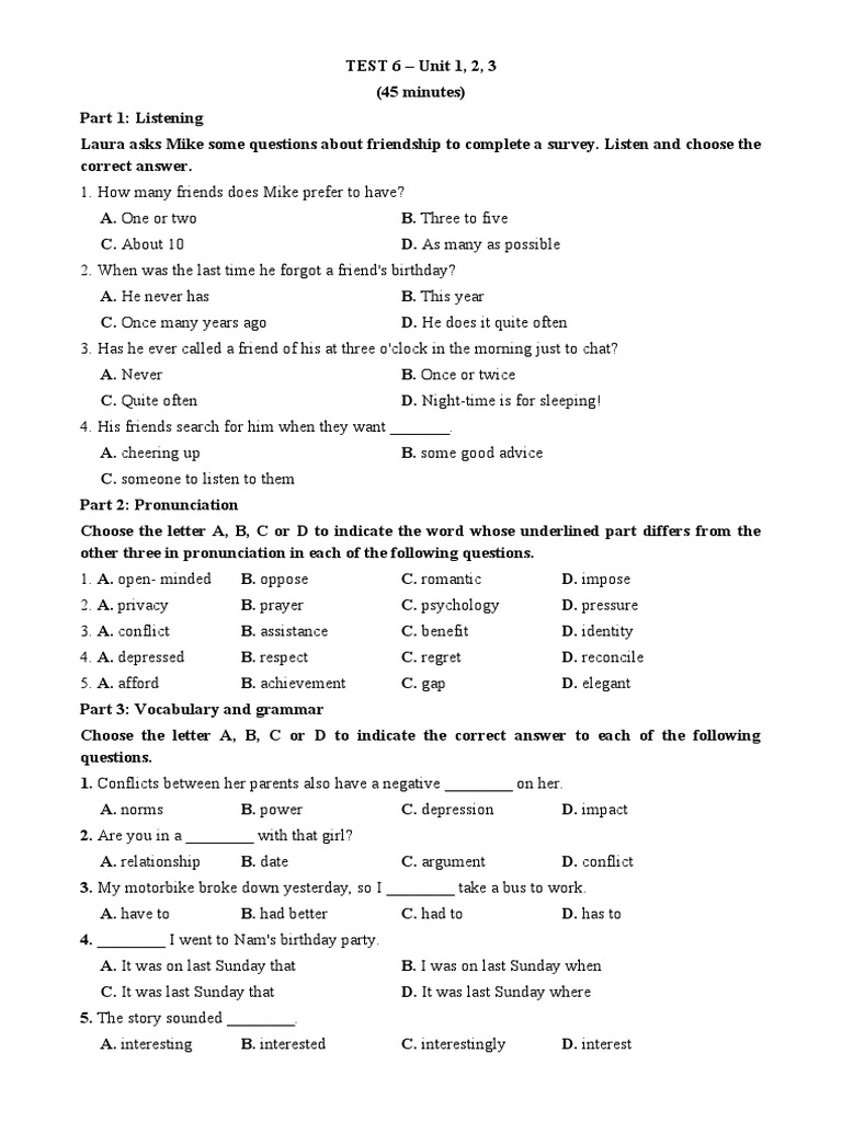 English Test 6: Unit 1 Overview | PDF | Adolescence | Love