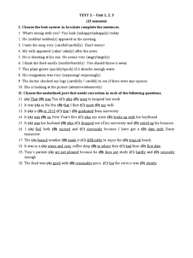 TEST 2 - Unit 1, 2, 3 (15 Minutes) | PDF