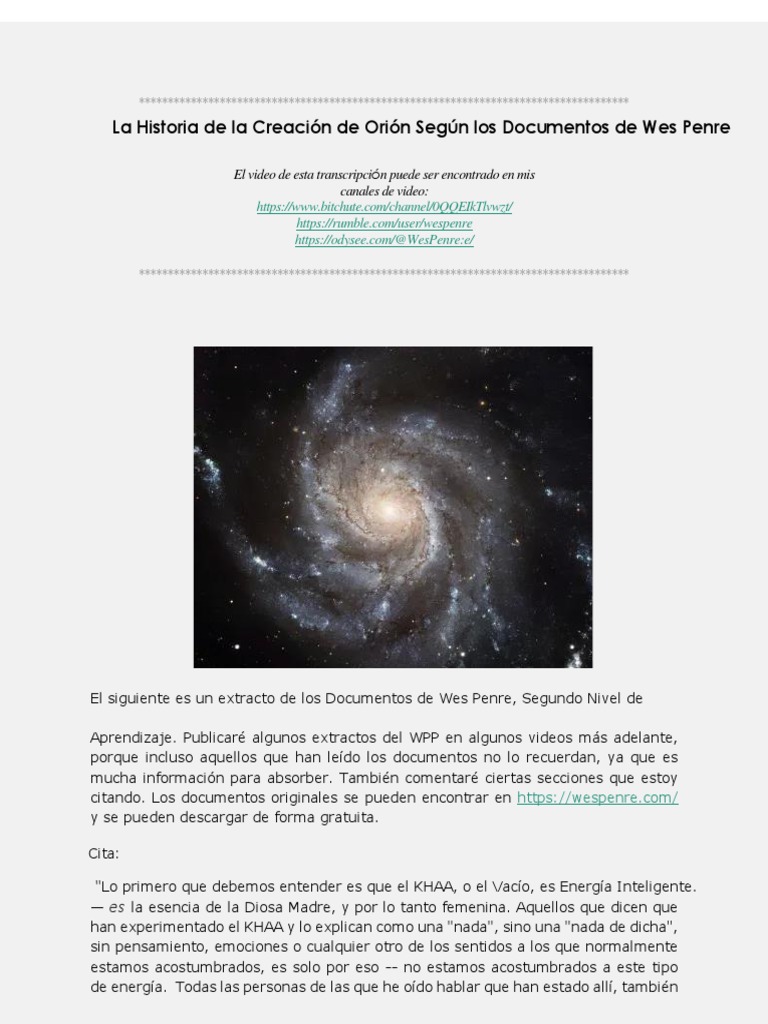 La Historia de La Creacion de Orion Segun Los Documentos de Wes Penre ...